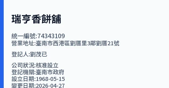 瑞亨香餅舖的照片-統編 74343109(臺南市) 公司登記資料與營業項目詳細圖表