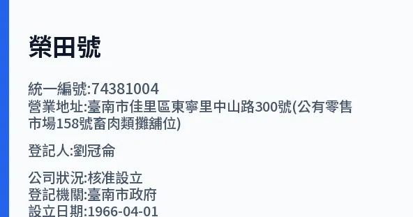 榮田號的照片-統編 74381004(臺南市) 公司登記資料與營業項目詳細圖表
