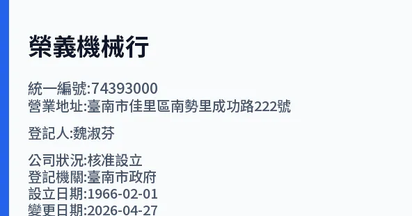 榮義機械行的照片-統編 74393000(臺南市) 公司登記資料與營業項目詳細圖表