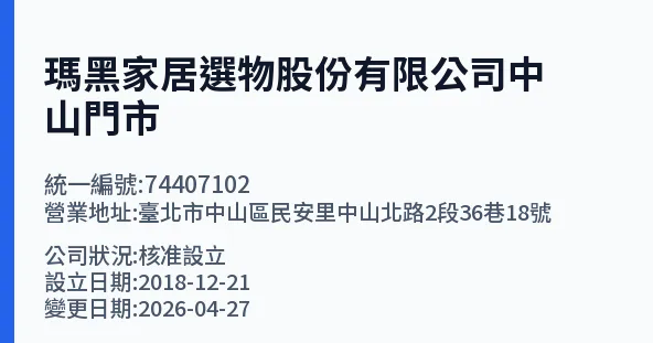 瑪黑家居選物股份有限公司中山門市的照片-統編 74407102(臺北市) 公司登記資料與營業項目詳細圖表