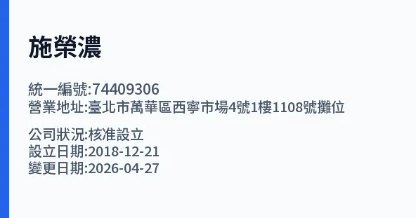 施榮濃的照片-統編 74409306(臺北市) 公司登記資料與營業項目詳細圖表