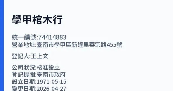 學甲棺木行的照片-統編 74414883(臺南市) 公司登記資料與營業項目詳細圖表