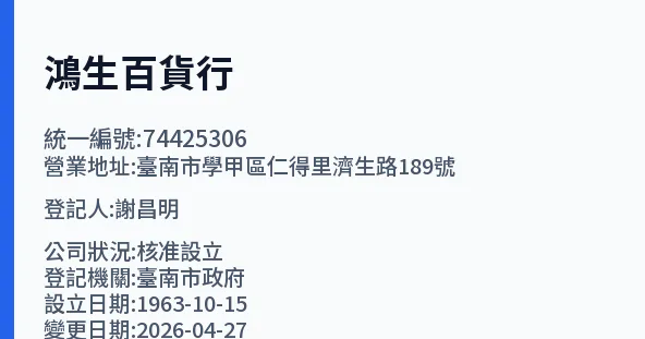 鴻生百貨行的照片-統編 74425306(臺南市) 公司登記資料與營業項目詳細圖表