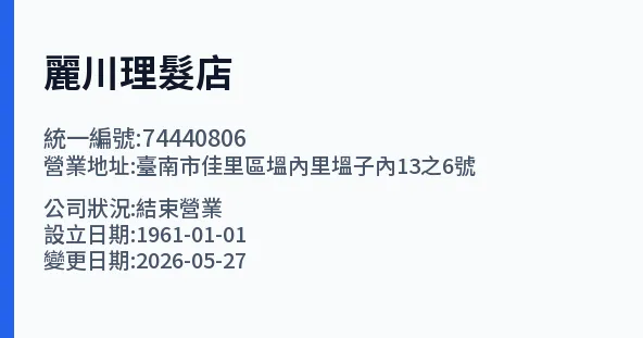 麗川理髮店的照片-統編 74440806(臺南市) 公司登記資料與營業項目詳細圖表
