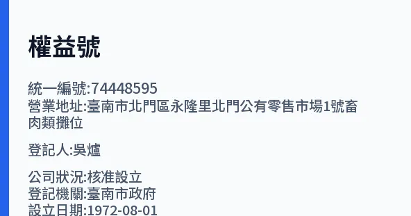 權益號的照片-統編 74448595(臺南市) 公司登記資料與營業項目詳細圖表
