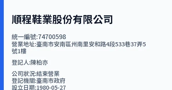 順程鞋業股份有限公司的照片-統編 74700598(臺南市) 公司登記資料與營業項目詳細圖表