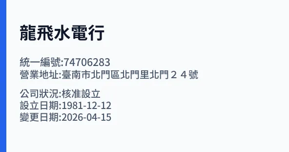 龍飛水電行的照片-統編 74706283(臺南市) 公司登記資料與營業項目詳細圖表