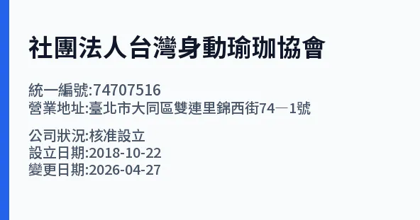 社團法人台灣身動瑜珈協會的照片-統編 74707516(臺北市) 公司登記資料與營業項目詳細圖表