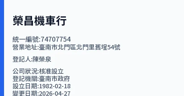 榮昌機車行的照片-統編 74707754(臺南市) 公司登記資料與營業項目詳細圖表