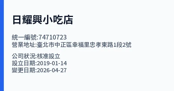 日耀興小吃店的照片-統編 74710723(臺北市) 公司登記資料與營業項目詳細圖表