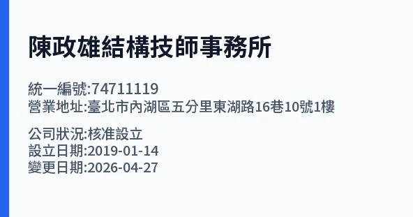 陳政雄結構技師事務所的照片-統編 74711119(臺北市) 公司登記資料與營業項目詳細圖表