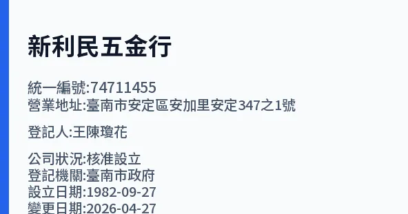 新利民五金行的照片-統編 74711455(臺南市) 公司登記資料與營業項目詳細圖表
