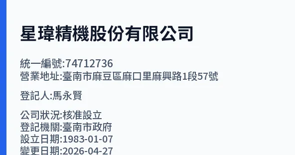 星瑋精機股份有限公司的照片-統編 74712736(臺南市) 公司登記資料與營業項目詳細圖表