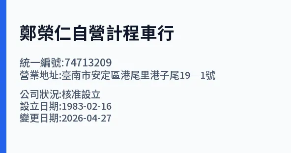 鄭榮仁自營計程車行的照片-統編 74713209(臺南市) 公司登記資料與營業項目詳細圖表