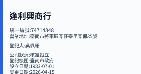 逢利興商行的照片-統編 74714848(臺南市) 公司登記資料與營業項目詳細圖表