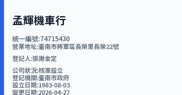 孟輝機車行的照片-統編 74715430(臺南市) 公司登記資料與營業項目詳細圖表