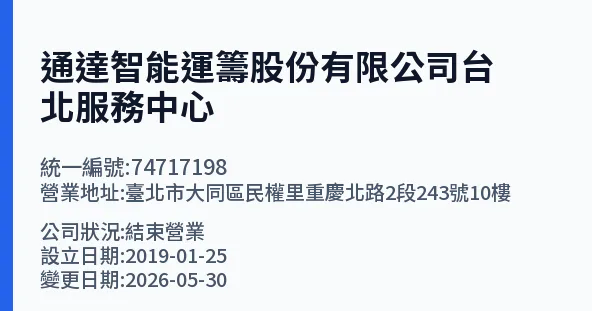通達智能運籌股份有限公司台北服務中心的照片-統編 74717198(臺北市) 公司登記資料與營業項目詳細圖表