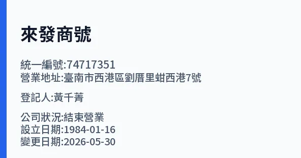 來發商號的照片-統編 74717351(臺南市) 公司登記資料與營業項目詳細圖表