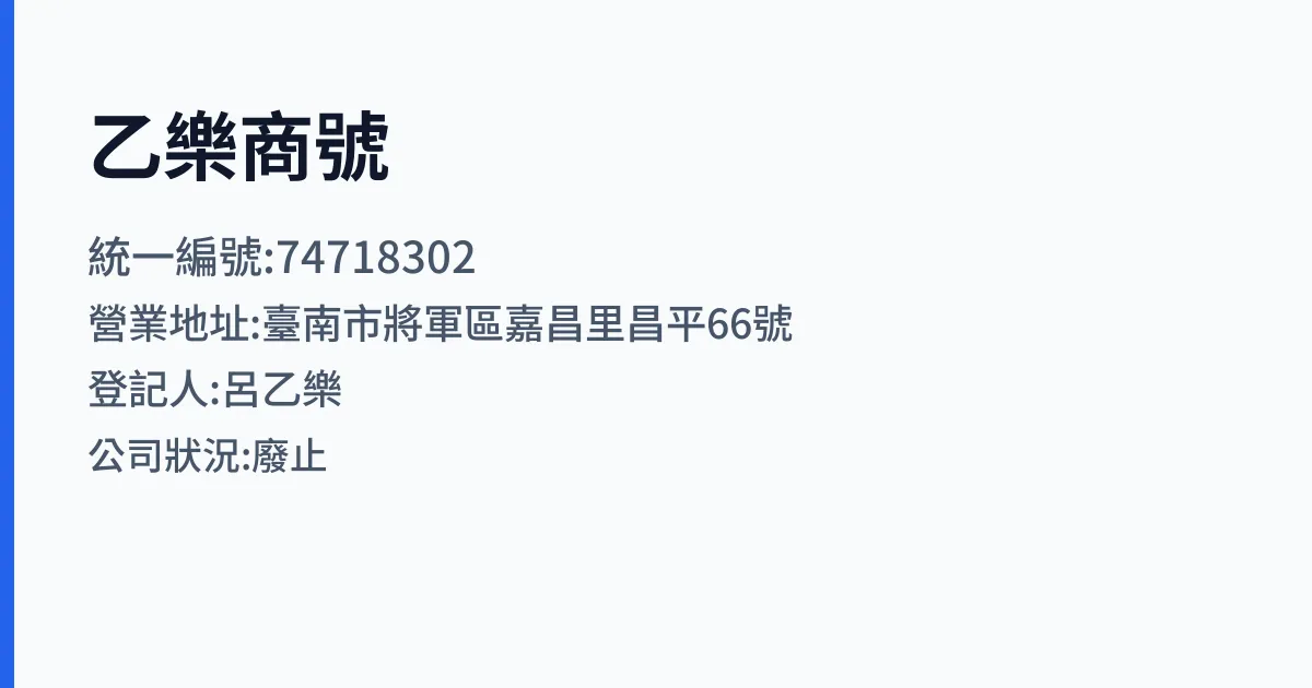 乙樂商號 - 統編 74718302(臺南市) 公司登記資料與營業項目詳細圖表
