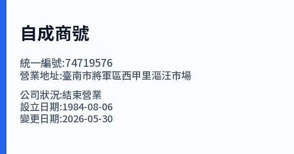 自成商號的照片-統編 74719576(臺南市) 公司登記資料與營業項目詳細圖表