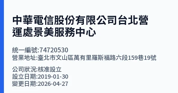 中華電信股份有限公司台北營運處景美服務中心的照片-統編 74720530(臺北市) 公司登記資料與營業項目詳細圖表