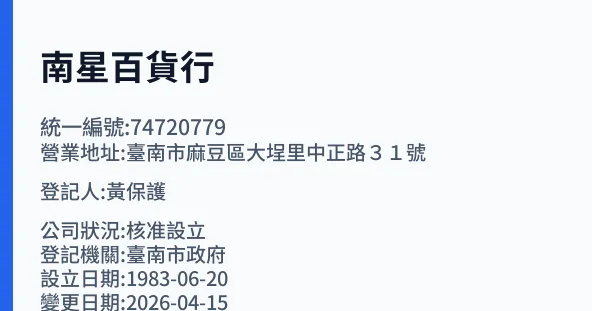 南星百貨行的照片-統編 74720779(臺南市) 公司登記資料與營業項目詳細圖表