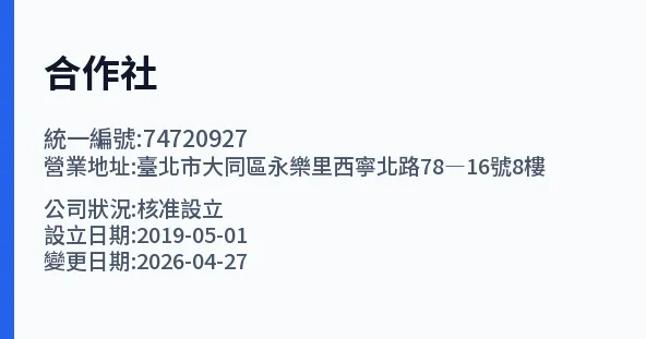 合作社的照片-統編 74720927(臺北市) 公司登記資料與營業項目詳細圖表
