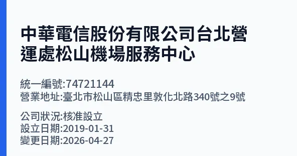 中華電信股份有限公司台北營運處松山機場服務中心的照片-統編 74721144(臺北市) 公司登記資料與營業項目詳細圖表