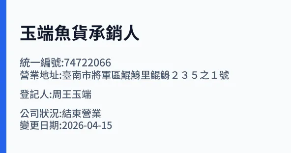 玉端魚貨承銷人的照片-統編 74722066(臺南市) 公司登記資料與營業項目詳細圖表