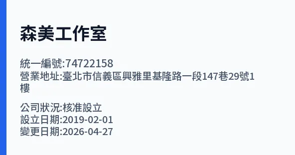 森美工作室的照片-統編 74722158(臺北市) 公司登記資料與營業項目詳細圖表