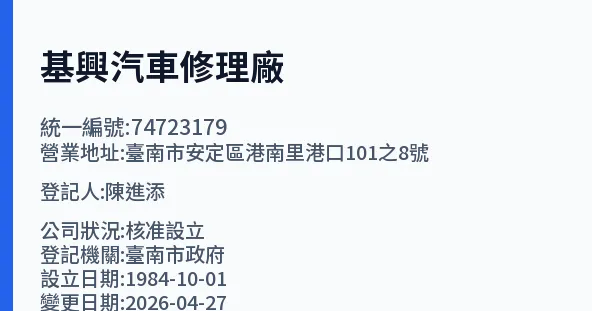 基興汽車修理廠的照片-統編 74723179(臺南市) 公司登記資料與營業項目詳細圖表
