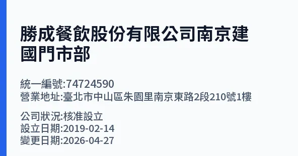 勝成餐飲股份有限公司南京建國門市部的照片-統編 74724590(臺北市) 公司登記資料與營業項目詳細圖表