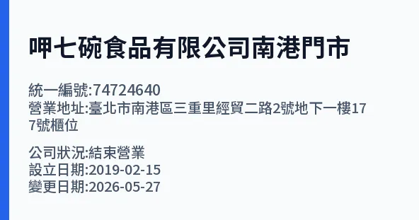 呷七碗食品有限公司南港門市的照片-統編 74724640(臺北市) 公司登記資料與營業項目詳細圖表