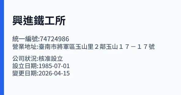 興進鐵工所的照片-統編 74724986(臺南市) 公司登記資料與營業項目詳細圖表