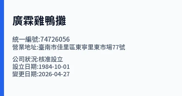 廣霖雞鴨攤的照片-統編 74726056(臺南市) 公司登記資料與營業項目詳細圖表
