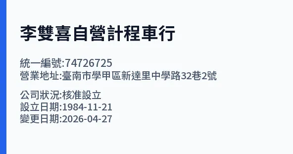 李雙喜自營計程車行的照片-統編 74726725(臺南市) 公司登記資料與營業項目詳細圖表