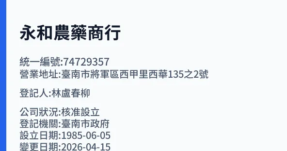 永和農藥商行的照片-統編 74729357(臺南市) 公司登記資料與營業項目詳細圖表