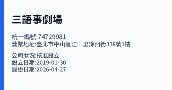 三語事劇場的照片-統編 74729981(臺北市) 公司登記資料與營業項目詳細圖表