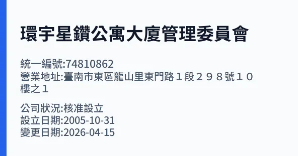 環宇星鑽公寓大廈管理委員會的照片-統編 74810862(臺南市) 公司登記資料與營業項目詳細圖表