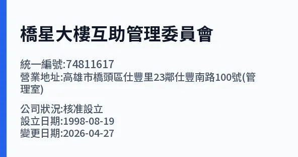 橋星大樓互助管理委員會的照片-統編 74811617(高雄市) 公司登記資料與營業項目詳細圖表