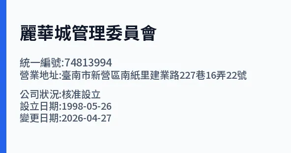 麗華城管理委員會的照片-統編 74813994(臺南市) 公司登記資料與營業項目詳細圖表
