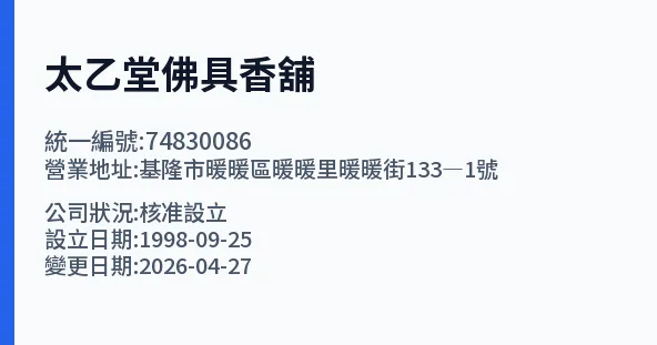 太乙堂佛具香舖的照片-統編 74830086(基隆市) 公司登記資料與營業項目詳細圖表