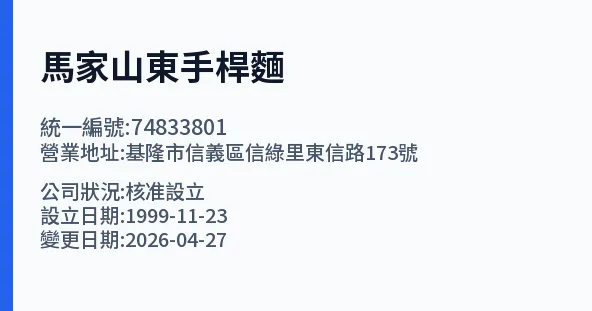 馬家山東手桿麵的照片-統編 74833801(基隆市) 公司登記資料與營業項目詳細圖表