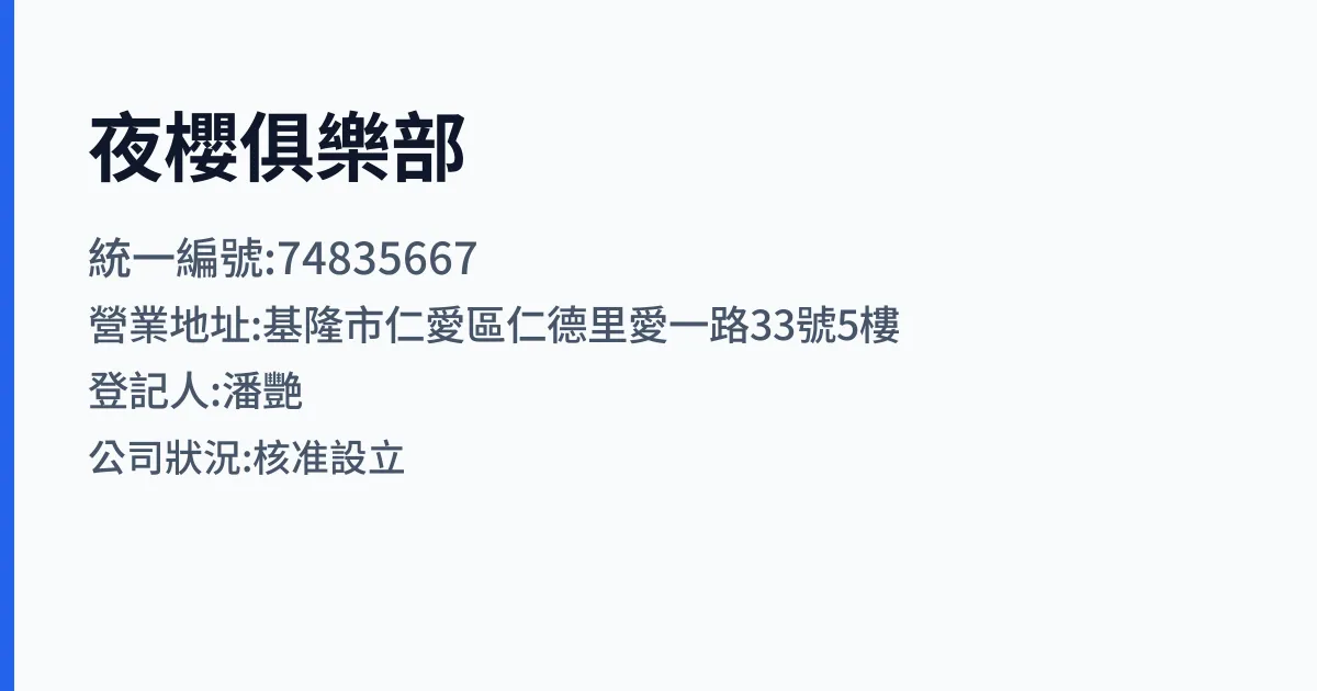 夜櫻俱樂部 - 統編 74835667(基隆市) 公司登記資料與營業項目詳細圖表