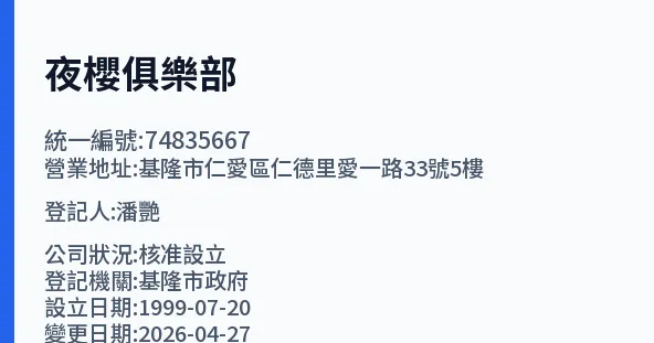 夜櫻俱樂部的照片-統編 74835667(基隆市) 公司登記資料與營業項目詳細圖表