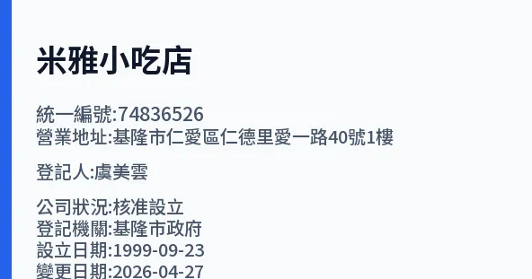 米雅小吃店的照片-統編 74836526(基隆市) 公司登記資料與營業項目詳細圖表