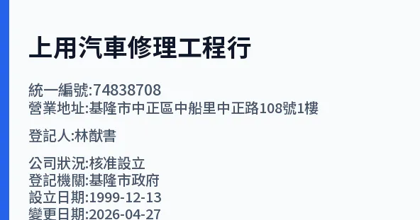 上用汽車修理工程行的照片-統編 74838708(基隆市) 公司登記資料與營業項目詳細圖表