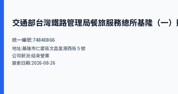 交通部台灣鐵路管理局餐旅服務總所基隆(一)販賣部的照片-統編 74840866(基隆市) 公司登記資料與營業項目詳細圖表