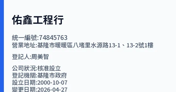 佑鑫工程行的照片-統編 74845763(基隆市) 公司登記資料與營業項目詳細圖表
