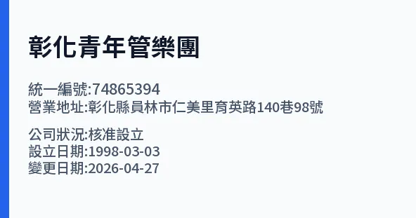 彰化青年管樂團的照片-統編 74865394(彰化縣) 公司登記資料與營業項目詳細圖表